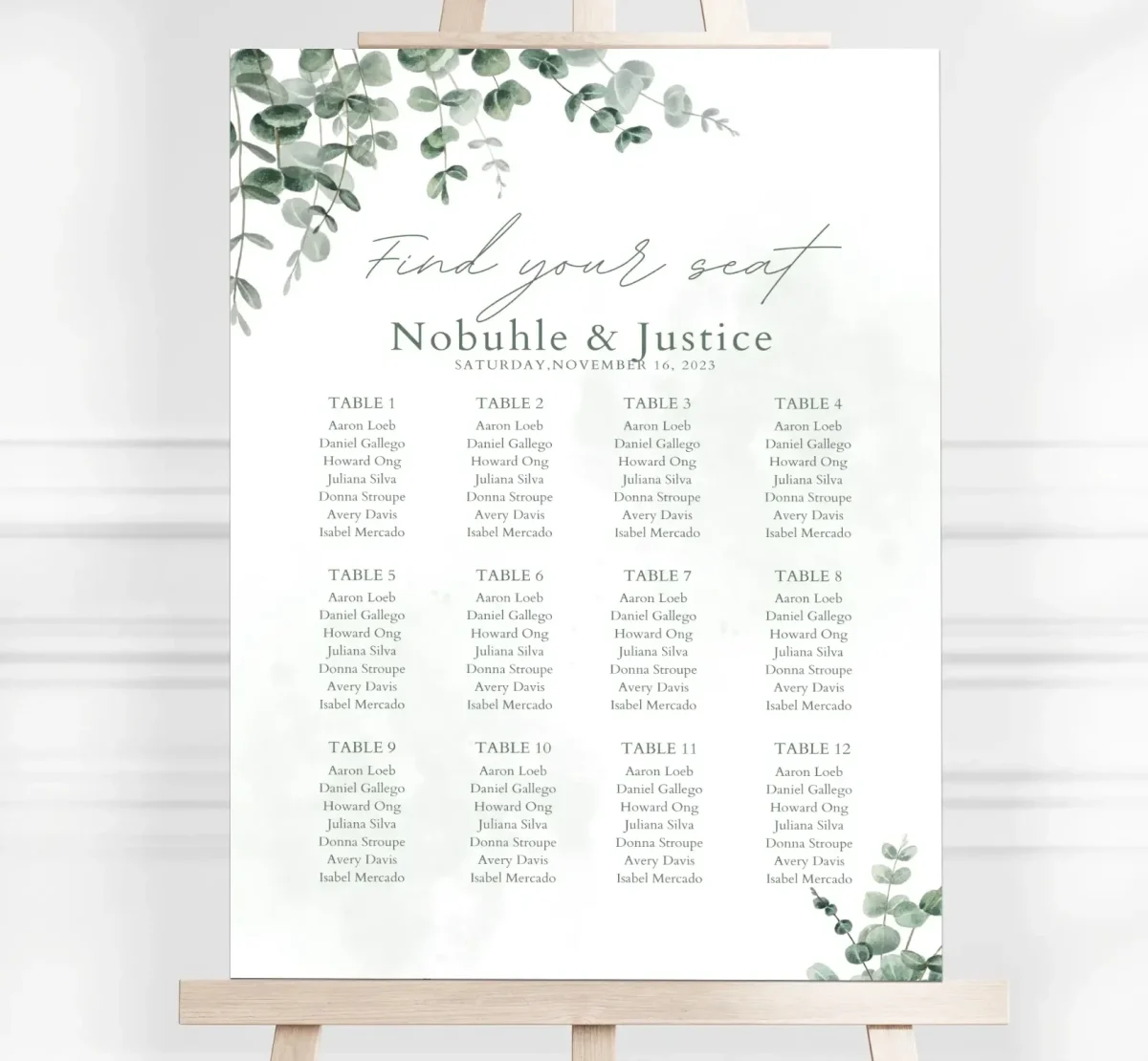Green & White Soft Watercolor Wedding Seating Plan