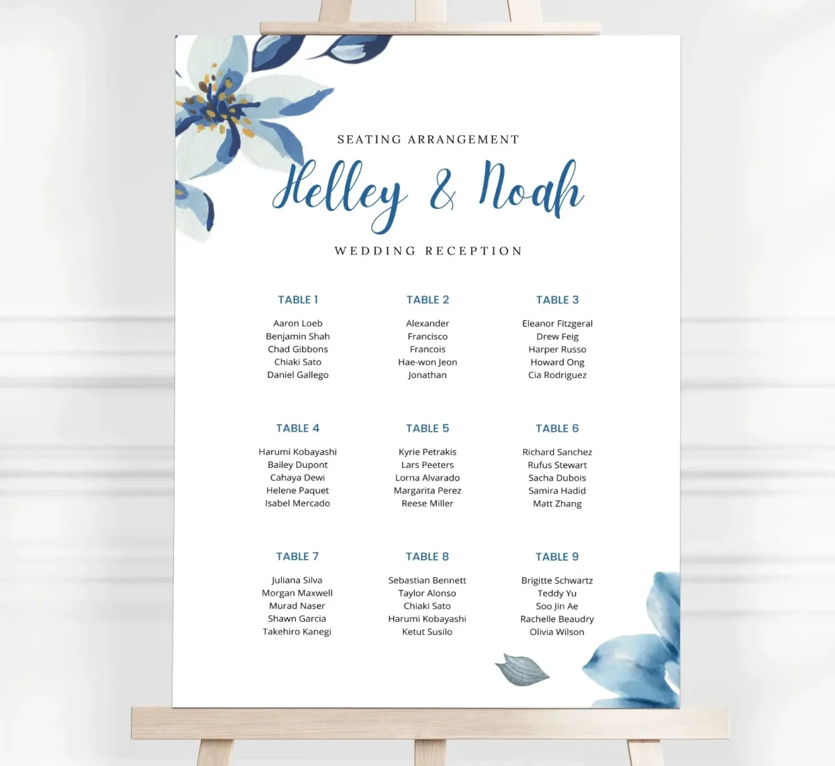 White Blue Floral Wedding Seating Chart – Available In A2, A1, A0 ...